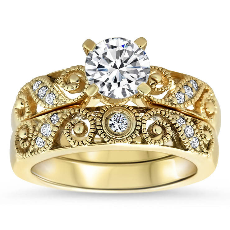 Whimsical Diamond Filigree Wedding Set Moissanite Center - Swirl Weddi