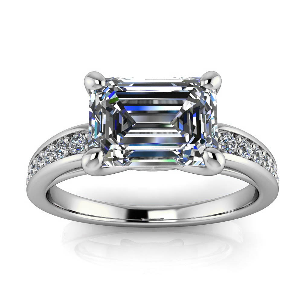 Modern East-West Bypass Engagement Ring with Emerald-Cut Center and Di