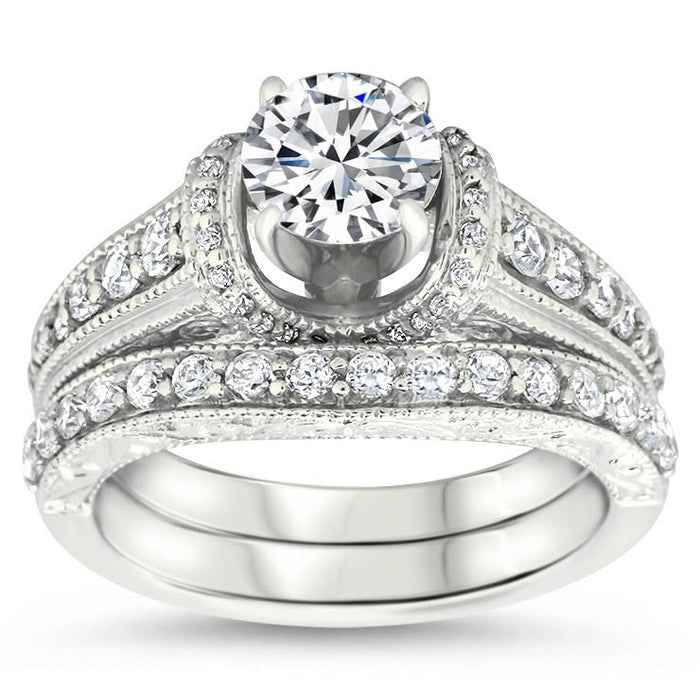 Vintage Inspired Wedding Set Engagement Ring and Band - Vanna Set