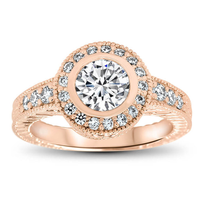 Bezel Set Diamond Engagement Ring Moissanite or Lab Diamond Center - C