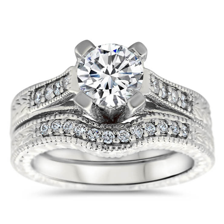 Vintage Inspired Set Engagement Ring and Wedding Band - Royal Crown We