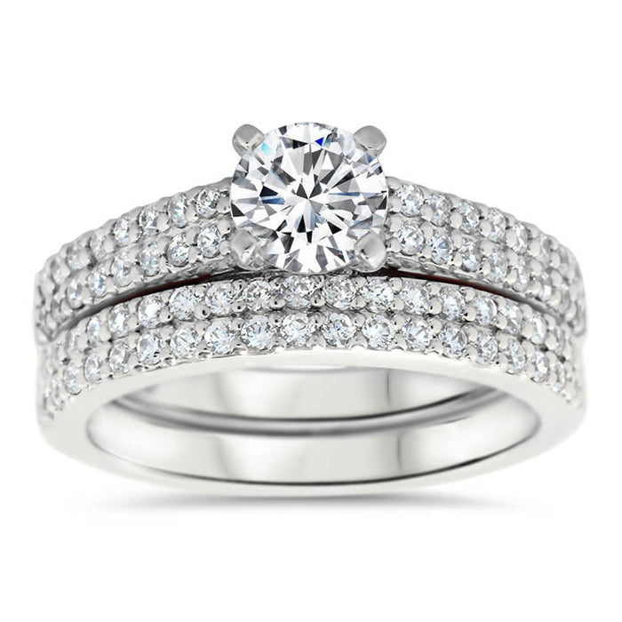 Double Row Diamond Wedding Set Engagemnt Ring and Matching Band - Doll