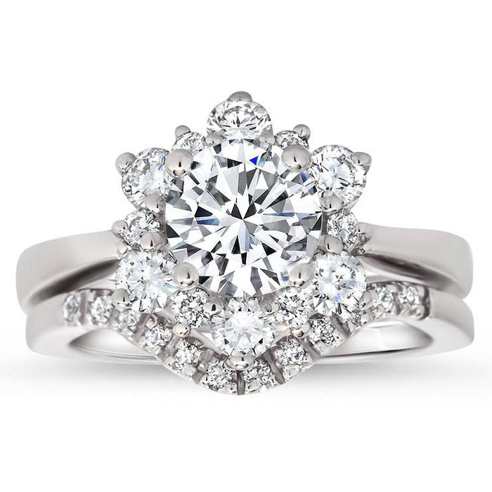 Snowflake Style Engagement Ring Plain Band Diamond Halo Matching Diamo